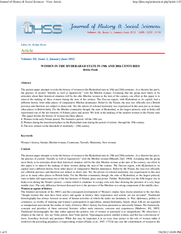 (PDF) Women in Hyderabad State in 19th and 20th centuries,