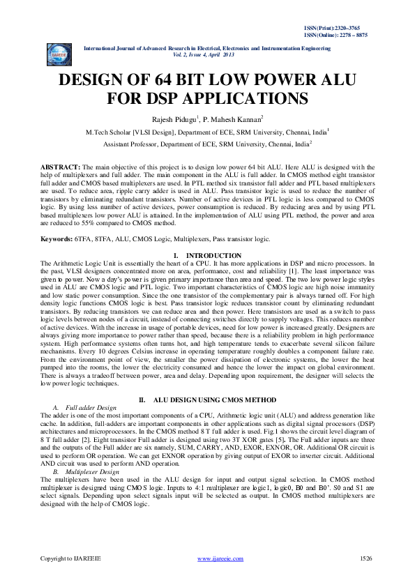 (PDF) Copyright to IJAREEIE DESIGN OF 64 BIT LOW POWER ALU FOR DSP ...