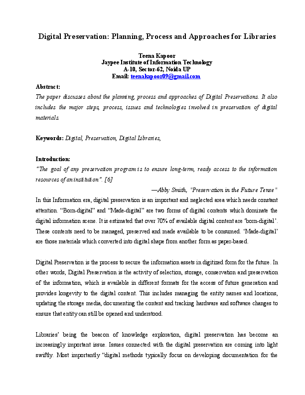 (DOC) Digital Preservation: Planning, Process and Approaches for Libraries