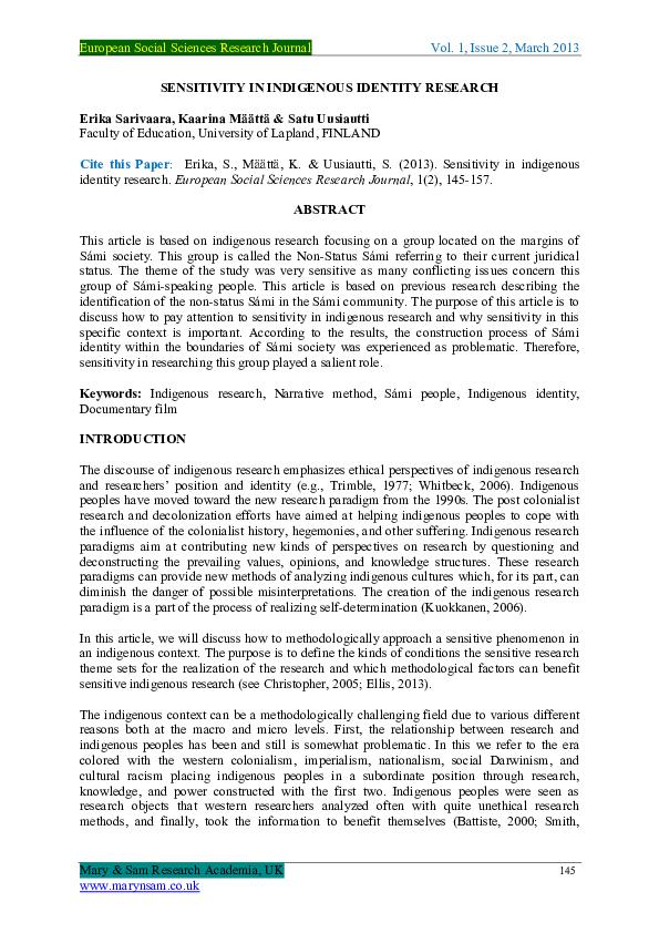 (PDF) SENSITIVITY IN INDIGENOUS IDENTITY RESEARCH