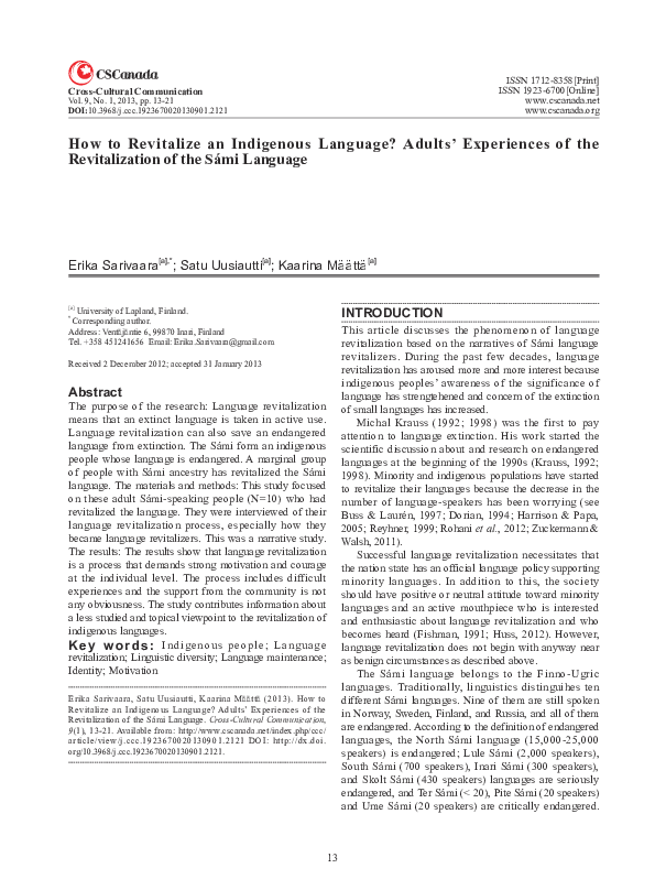 (PDF) How to Revitalize an Indigenous Language? Adults' Experiences of ...