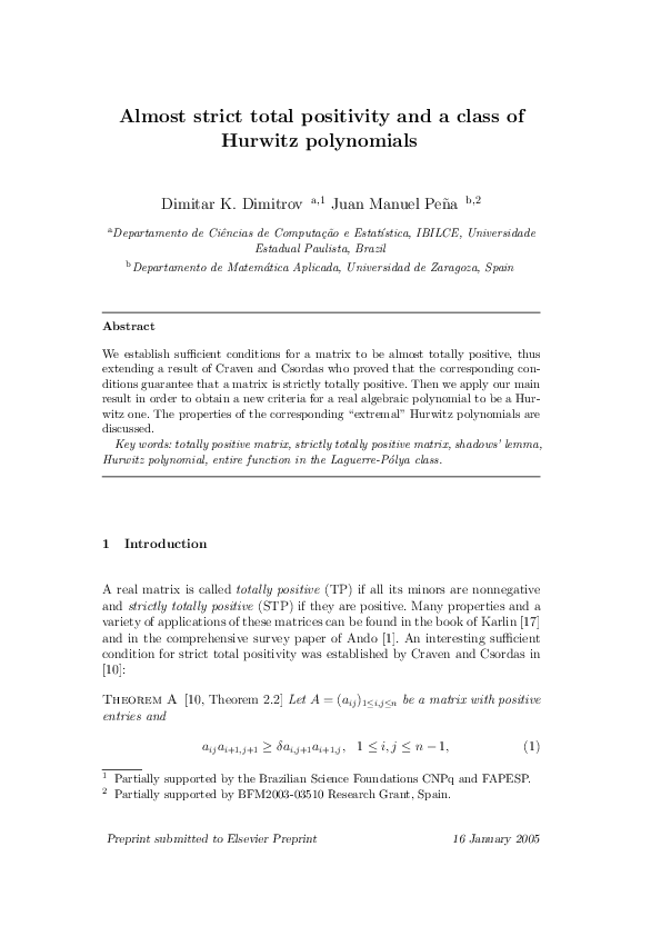 (PDF) Almost strict total positivity and a class of Hurwitz polynomials