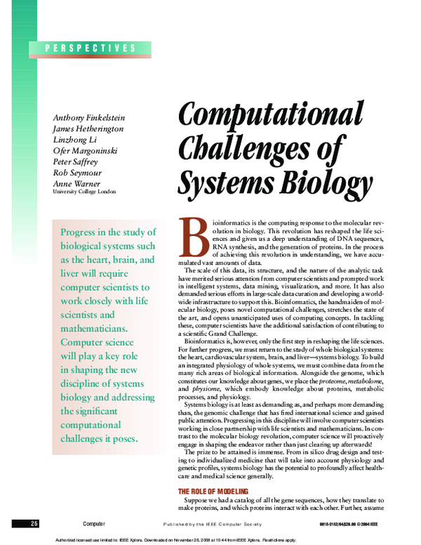 (PDF) Computational Challenges of Systems Biology