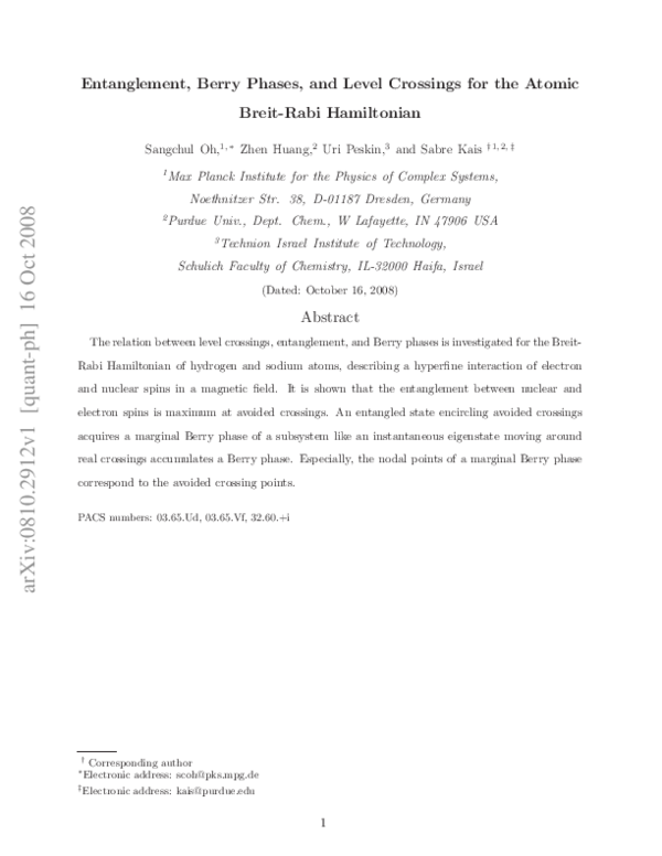 (PDF) Entanglement, Berry phases, and level crossings for the atomic ...