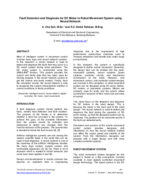 (PDF) Fault Detection and Diagnosis for DC Motor in Robot Movement System using Neural Network