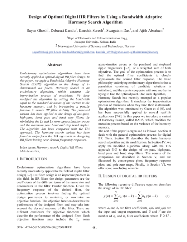 (PDF) Design of Optimal Digital IIR Filters by using a Bandwidth Adaptive Harmony Search Algorithm