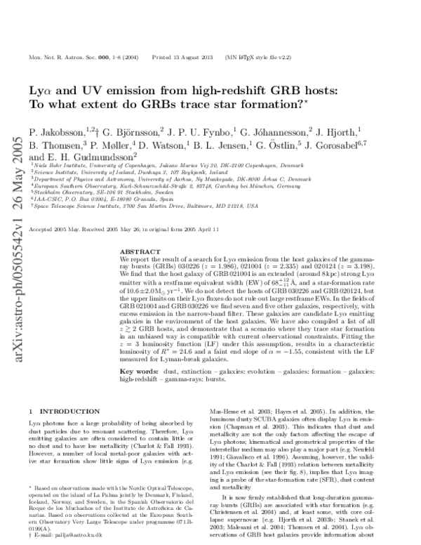 (PDF) Ly-alpha and UV emission from high-redshift GRB hosts: To what ...