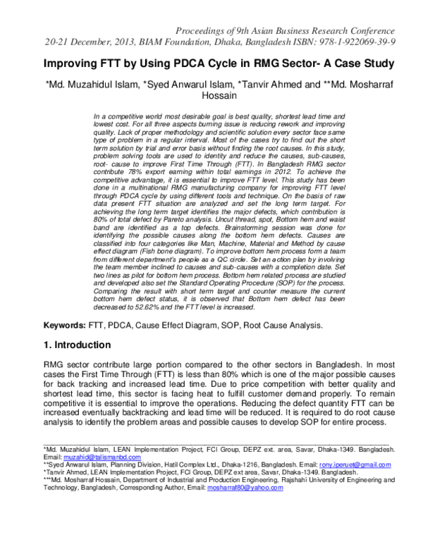 (PDF) Improving FTT by Using PDCA Cycle in RMG Sector-A Case Study