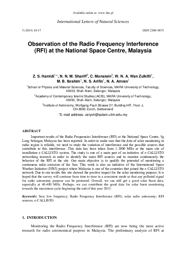 (PDF) Observation of the Radio Frequency Interference (RFI) at the National Space Centre, Malaysia