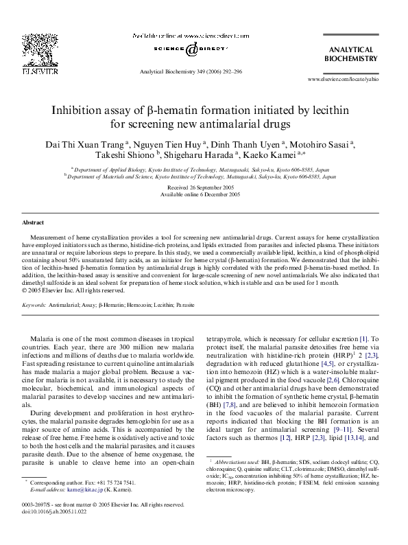 (PDF) Inhibition assay of β-hematin formation initiated by lecithin for ...