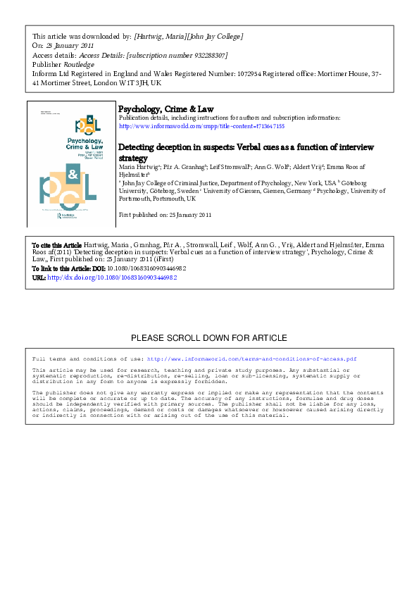 Pdf Detecting Deception In Suspects Verbal Cues As A Function Of Interview Strategy