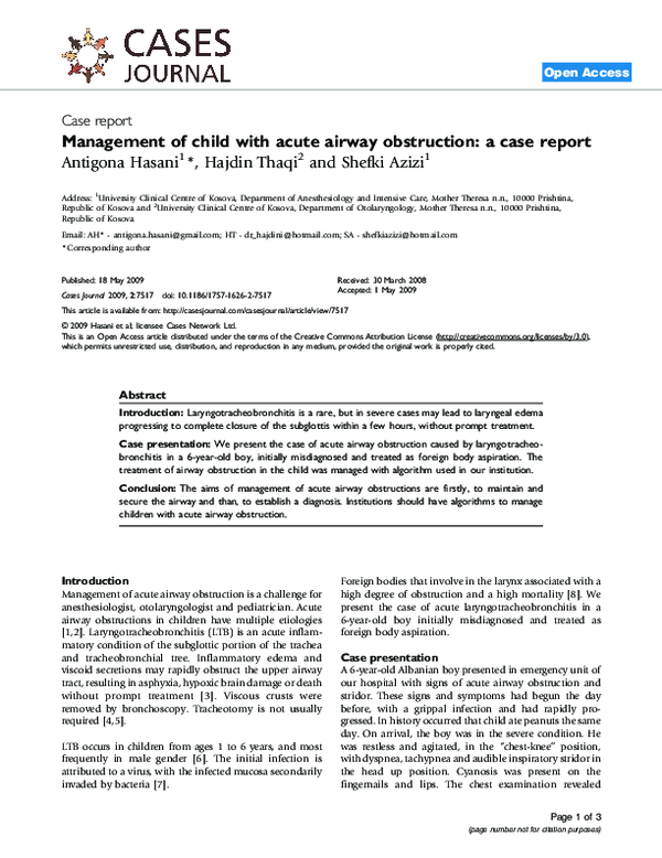 (PDF) Management of child with acute airway obstruction: a case report