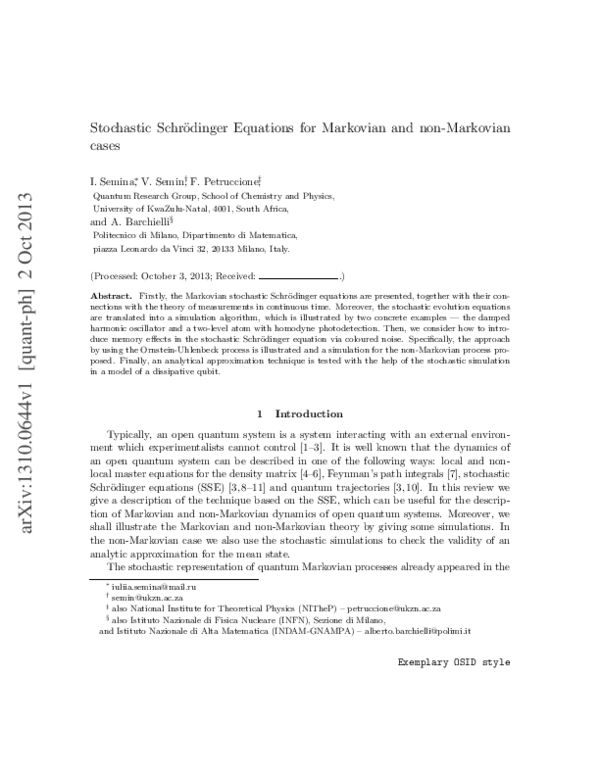 Pdf Stochastic Schrödinger Equations For Markovian And Non Markovian