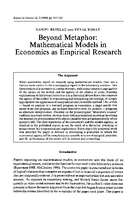 (PDF) Beyond metaphor: Mathematical models in economics as empirical ...