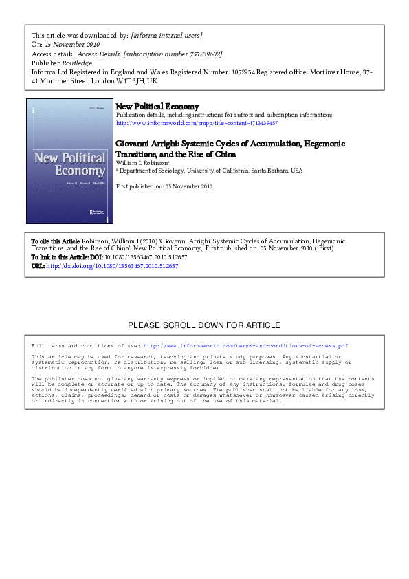 (PDF) Giovanni Arrighi: Systemic Cycles of Accumulation, Hegemonic ...