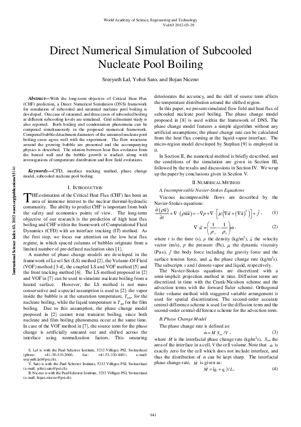 Pdf Direct Numerical Simulation Of Subcooled Nucleate Pool Boiling