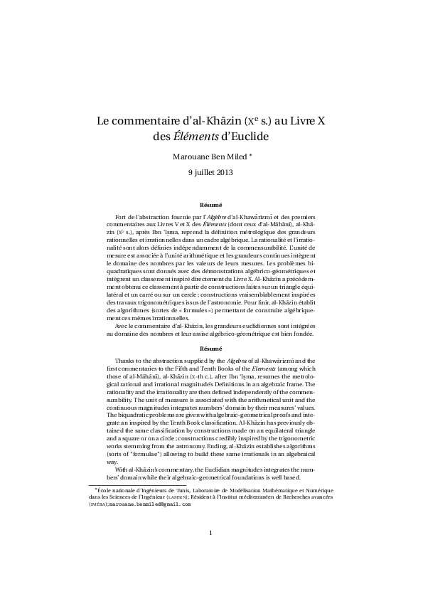 (PDF) Le commentaire d'al-Khazin (X e s.) au Livre X des Éléments d ...