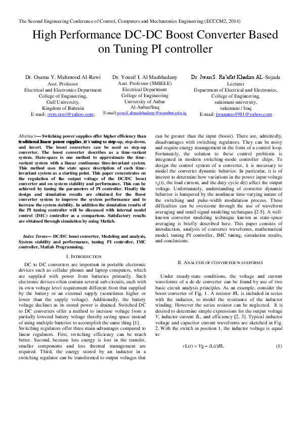 Pdf High Performance Dc Dc Boost Converter Based On Tuning Pi Controller
