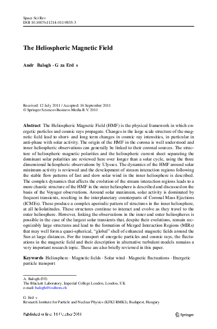 Space Sci Rev The Heliospheric Magnetic Field Heliosphere · Magnetic ...