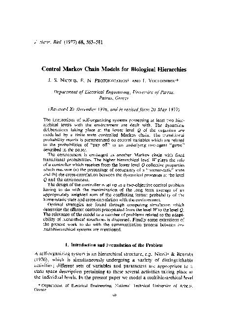 (PDF) Control Markov Chain Models for Biological Hierarchies J. S. Nicolis, E. N. Protonotarios ...