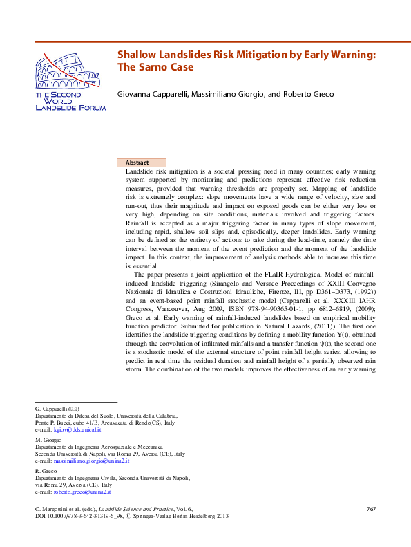 (PDF) Shallow Landslides Risk Mitigation by Early Warning: The Sarno Case Landslide Rainfall ...