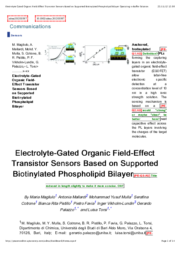 (PDF) Electrolyte Gated Organic Field-Effect Transistor Sensors Based on Supported Biotinylated ...