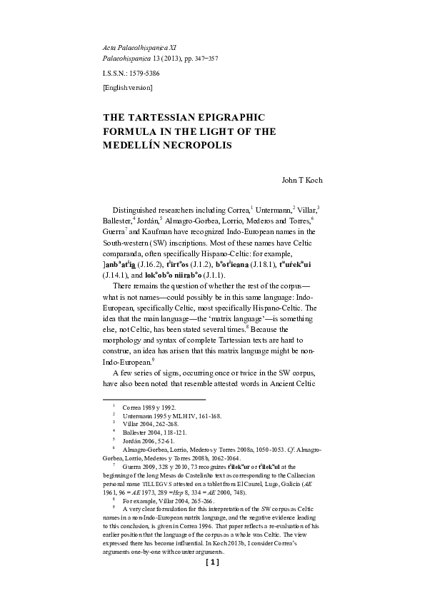 (PDF) THE TARTESSIAN EPIGRAPHIC FORMULA IN THE LIGHT OF THE MEDELLÍN ...