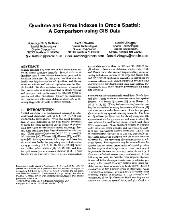 Pdf Quadtree And R Tree Indexes In Oracle Spatial A Comparison Using Gis Data