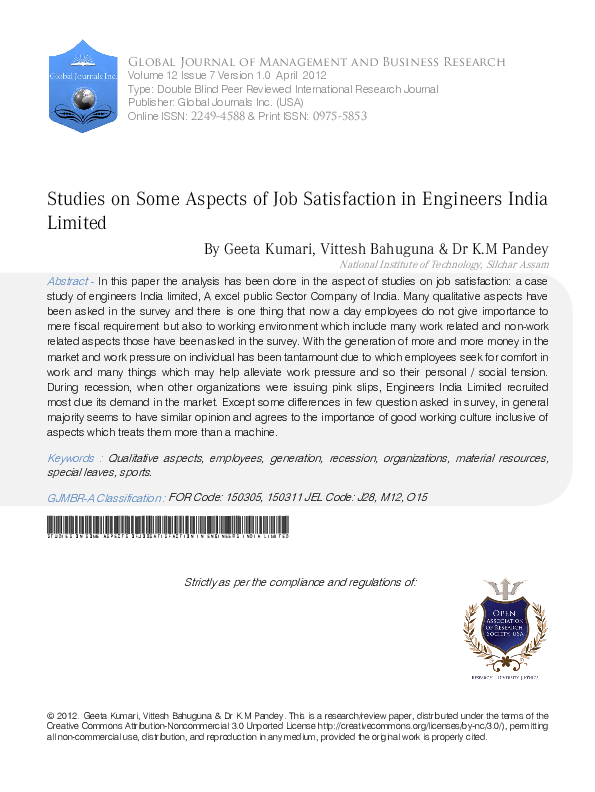 Studies on Some Aspects of Job Satisfaction in Engineers India Limited