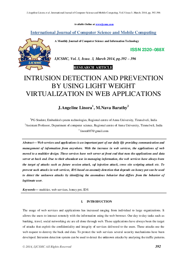(PDF) INTRUSION DETECTION AND PREVENTION BY USING LIGHT WEIGHT VIRTUALIZATION IN WEB APPLICATIONS﻿