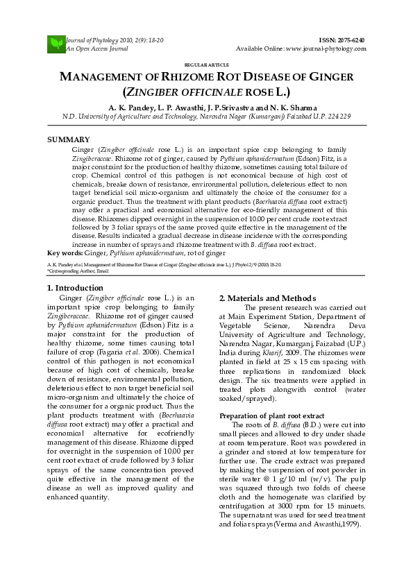 (PDF) MANAGEMENT OF RHIZOME ROT DISEASE OF GINGER (ZINGIBER OFFICINALE ...