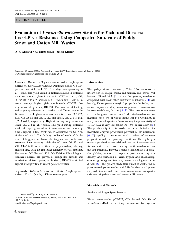 (PDF) Evaluation of Volvariella volvacea Strains for Yield and Diseases ...