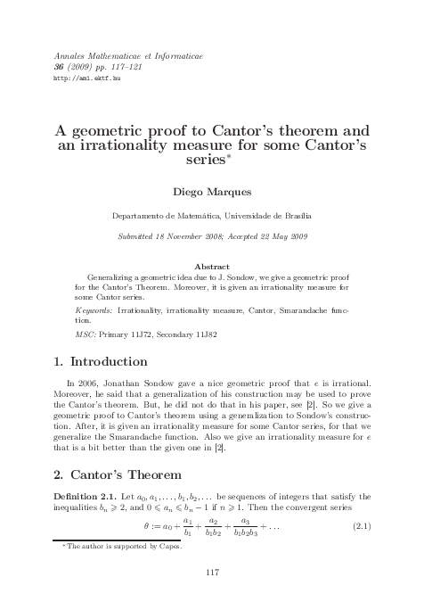 (PDF) A Geometric Proof to Cantor's Theorem and an Irrationality Measure for Some Cantor's Series