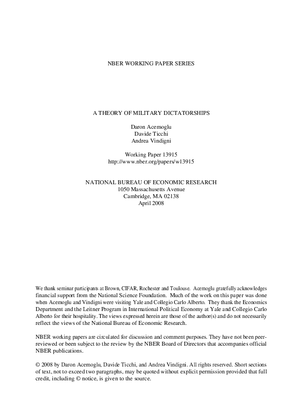 (PDF) NBER WORKING PAPER SERIES A THEORY OF MILITARY DICTATORSHIPS A ...