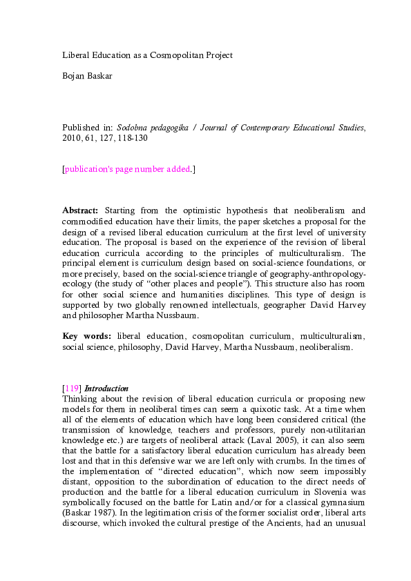 (PDF) Liberal Education as a Cosmopolitan Project