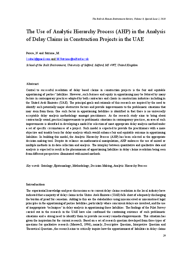 Pdf The Use Of Analytic Hierarchy Process Ahp In The Analysis Of Delay Claims In
