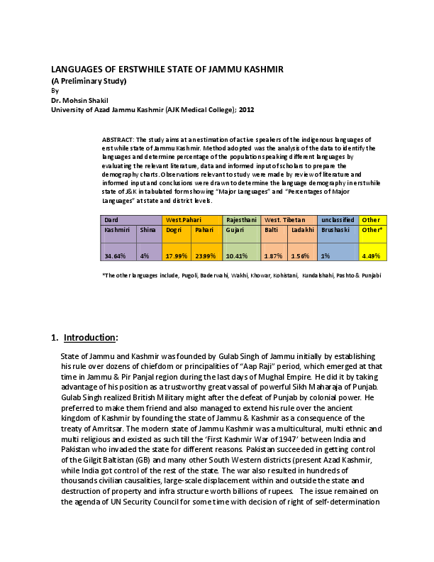 (PDF) Languages of Erstwhile State of Jammu Kashmir (A Preliminary Study)