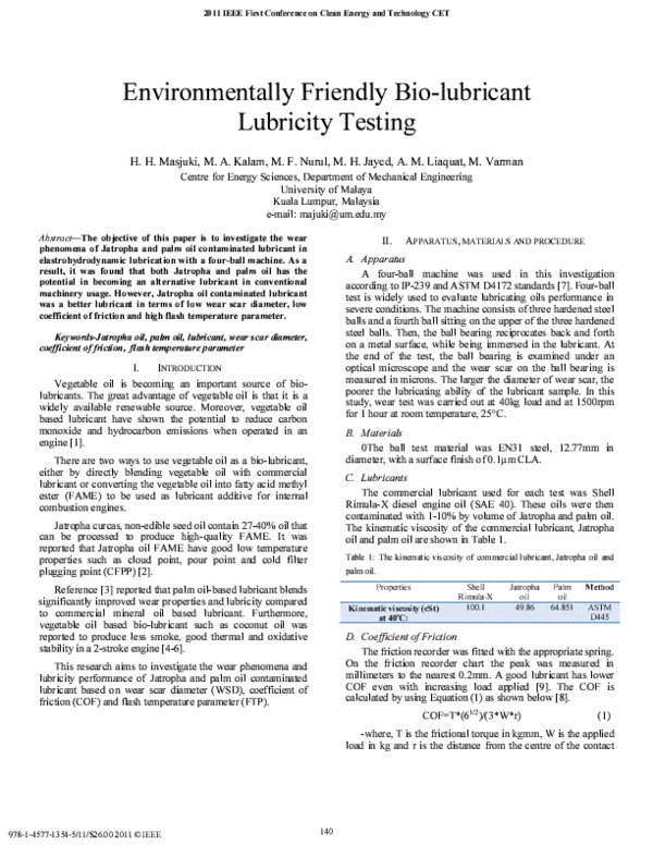 (PDF) Environmentally friendly bio-lubricant lubricity testing