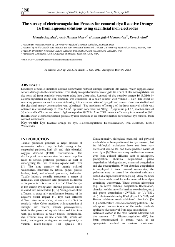 (PDF) The survey of electrocoagulation Process for removal dye Reactive Orange 16 from aqueous ...