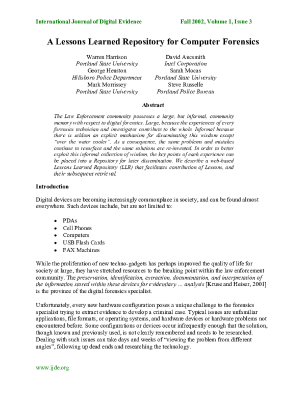 (PDF) A Lessons Learned Repository for Computer Forensics