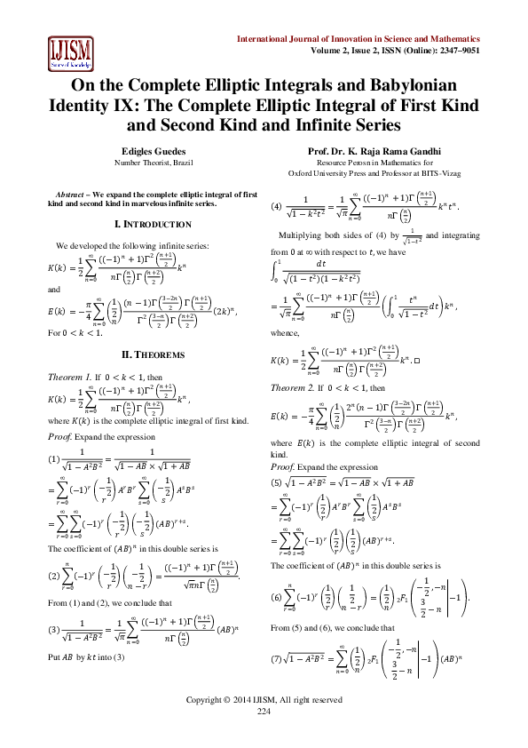 (PDF) On the Complete Elliptic Integrals and Babylonian Identity IX ... (PDF) On the Complete Elliptic Integrals and Babylonian Identity IX ...