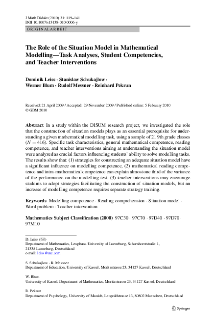 (PDF) The Role of the Situation Model in Mathematical Modelling—Task ...