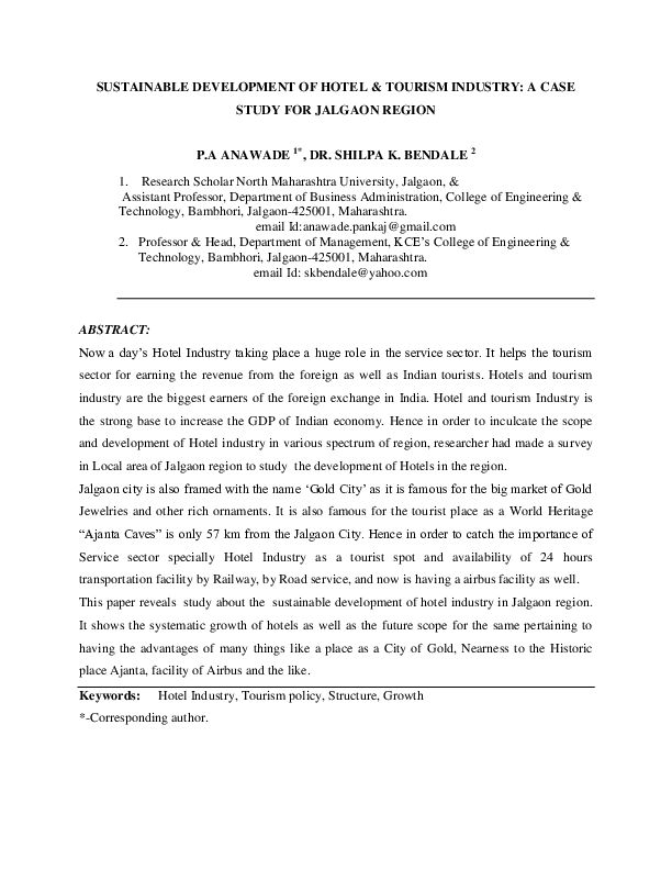 (PDF) SUSTAINABLE DEVELOPMENT OF HOTEL & TOURISM INDUSTRY: A CASE STUDY ...