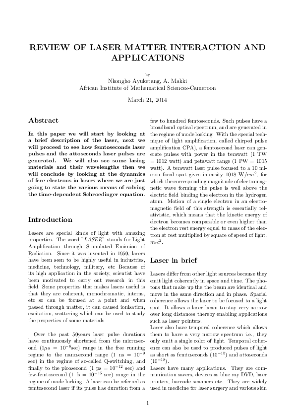 (PDF) REVIEW OF LASER MATTER INTERACTION AND APPLICATIONS