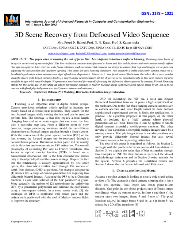 (PDF) 3D Scene Recovery from Defocused Video Sequence