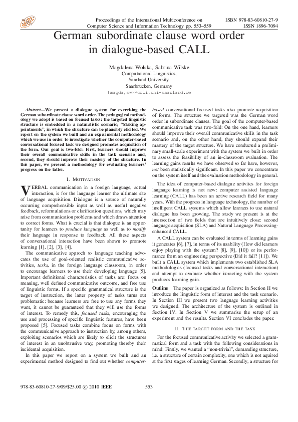 (PDF) German subordinate clause word order in dialogue-based CALL