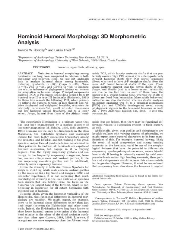 (PDF) Hominoid Humeral Morphology: 3D Morphometric Analysis