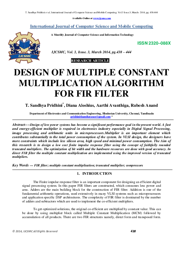 (PDF) DESIGN OF MULTIPLE CONSTANT MULTIPLICATION ALGORITHM FOR FIR FILTER