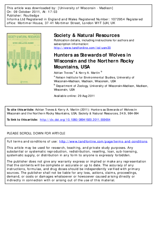(PDF) Hunters as Stewards of Wolves in Wisconsin and the Northern Rocky ...