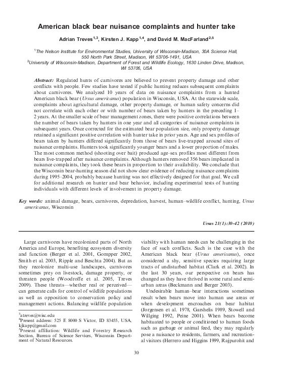 (PDF) American black bear nuisance complaints and hunter take